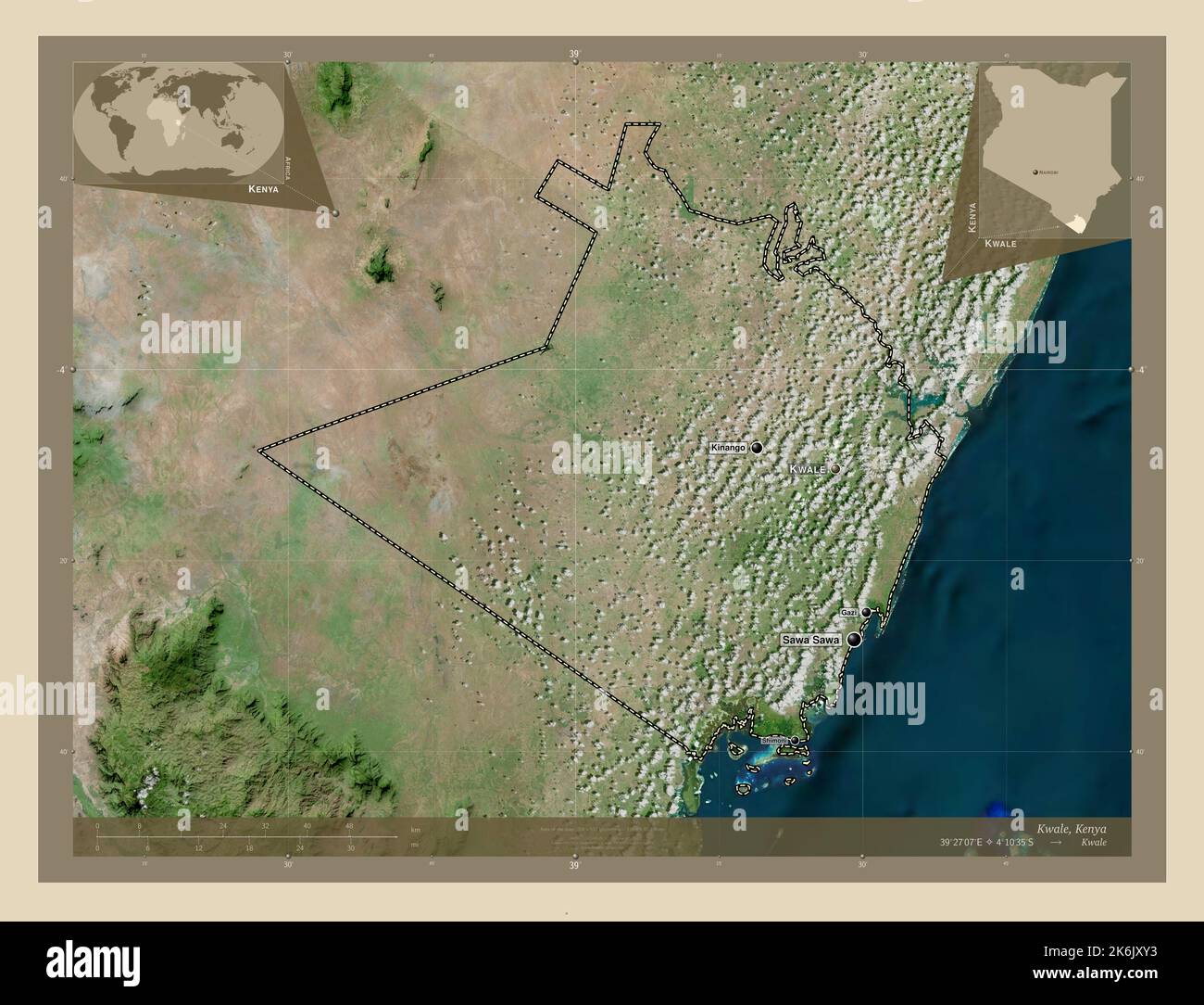 Kwale, county of Kenya. High resolution satellite map. Locations and ...