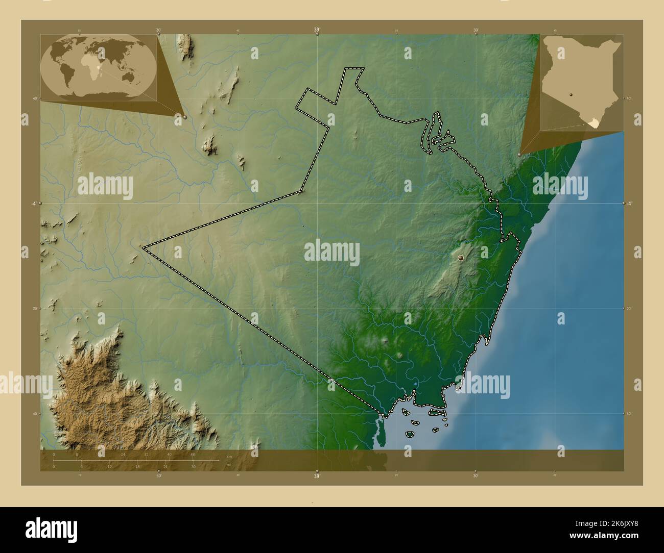 Kwale, county of Kenya. Colored elevation map with lakes and rivers ...