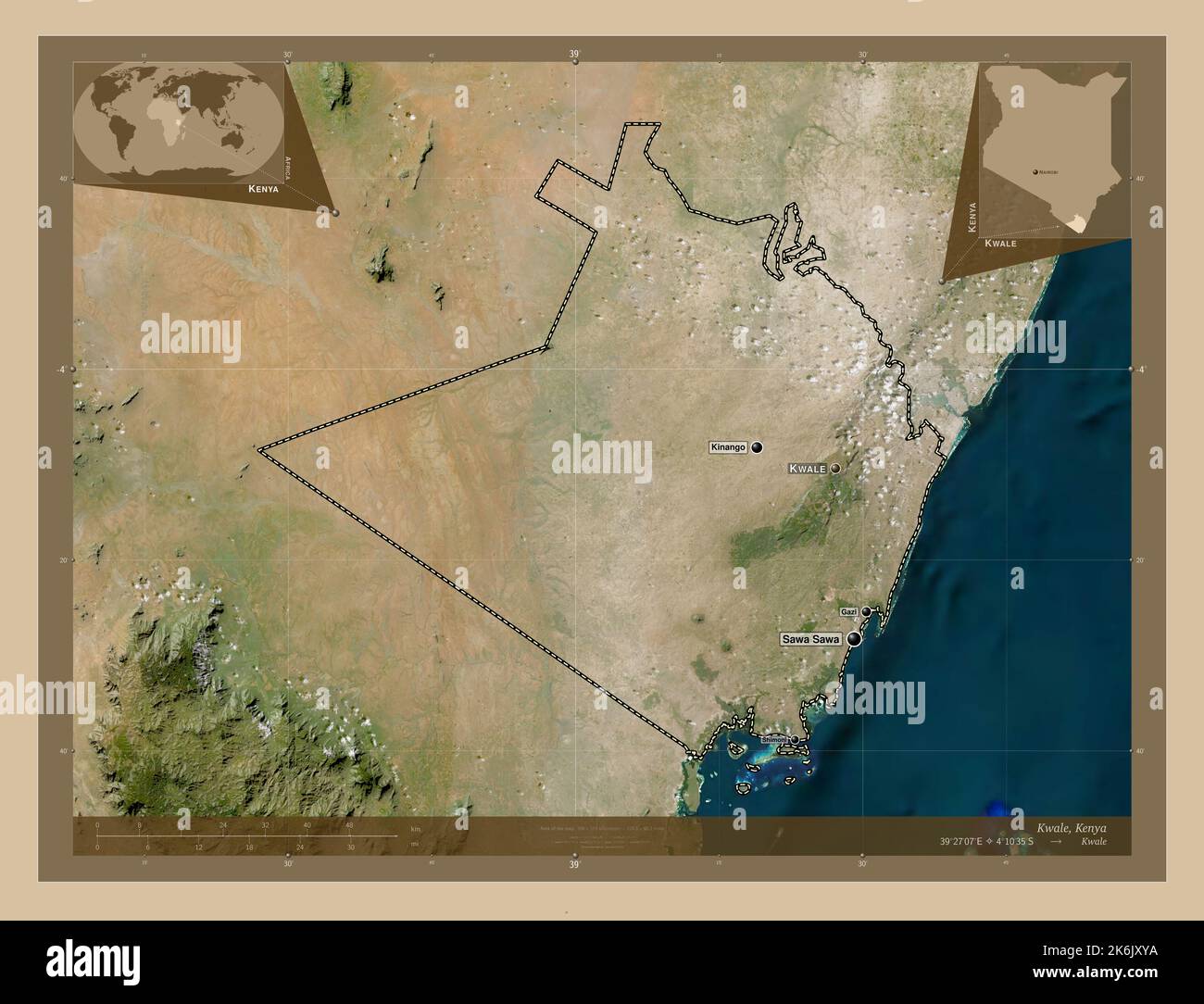 Kwale, county of Kenya. Low resolution satellite map. Locations and ...