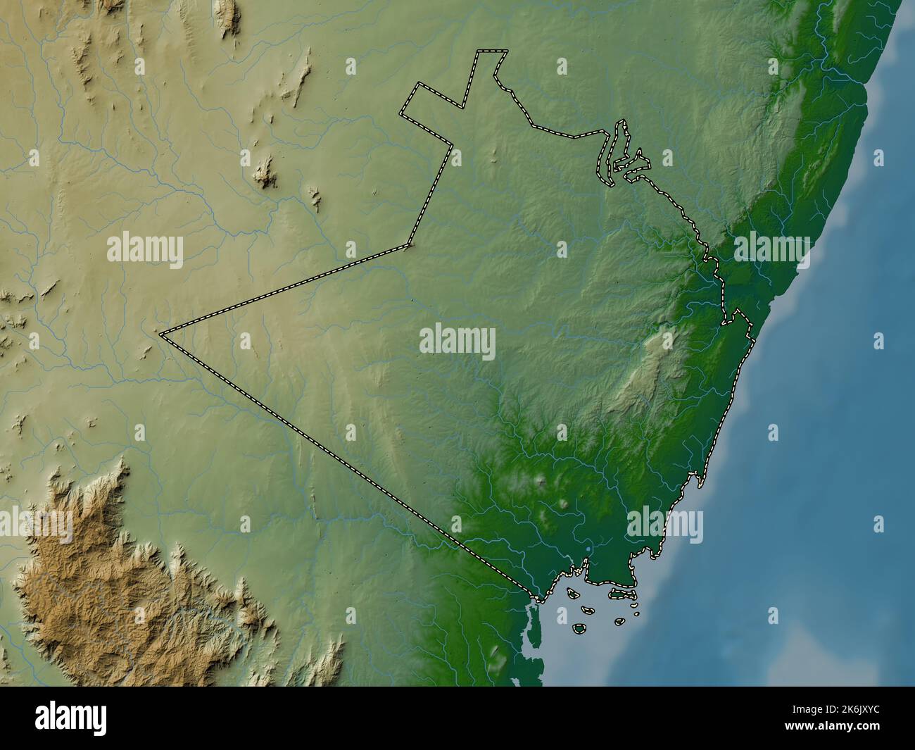 Kwale, county of Kenya. Colored elevation map with lakes and rivers ...