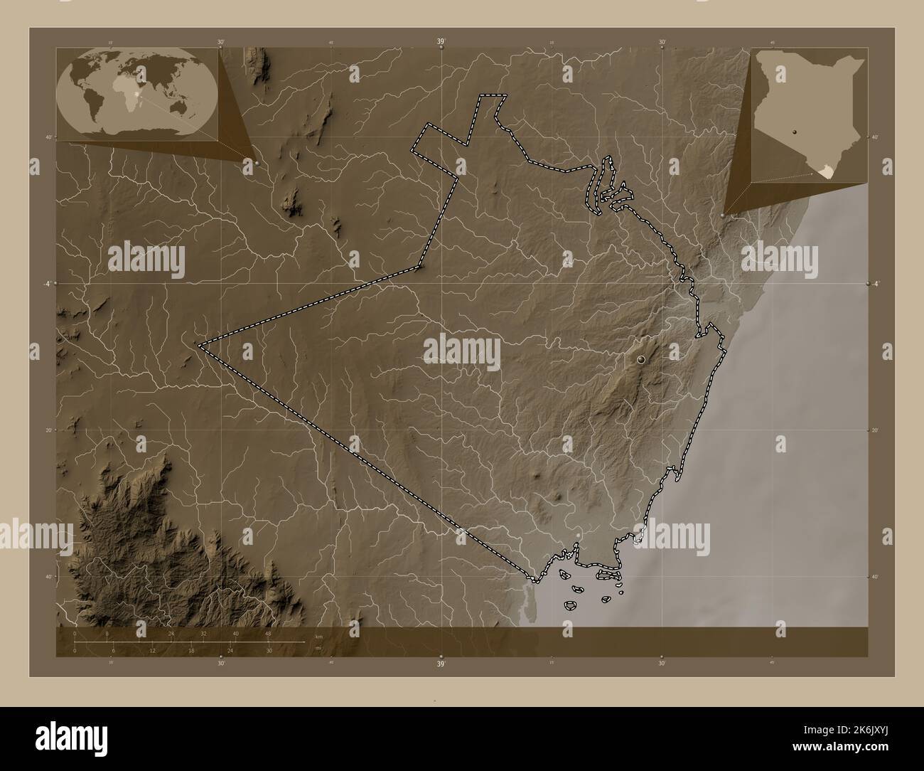 Kwale, county of Kenya. Elevation map colored in sepia tones with lakes ...