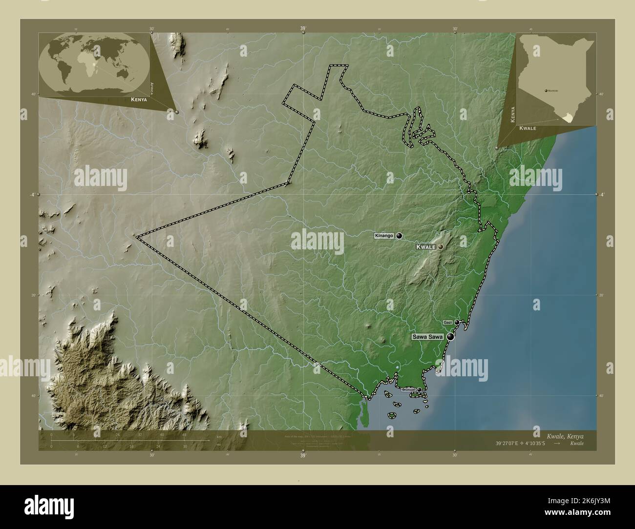 Kwale, county of Kenya. Elevation map colored in wiki style with lakes ...