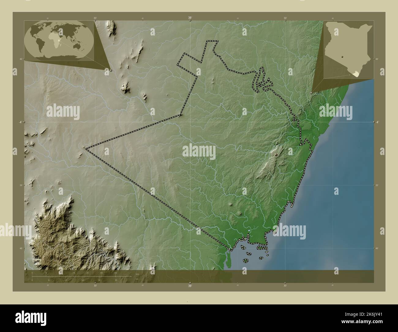 Kwale, county of Kenya. Elevation map colored in wiki style with lakes ...