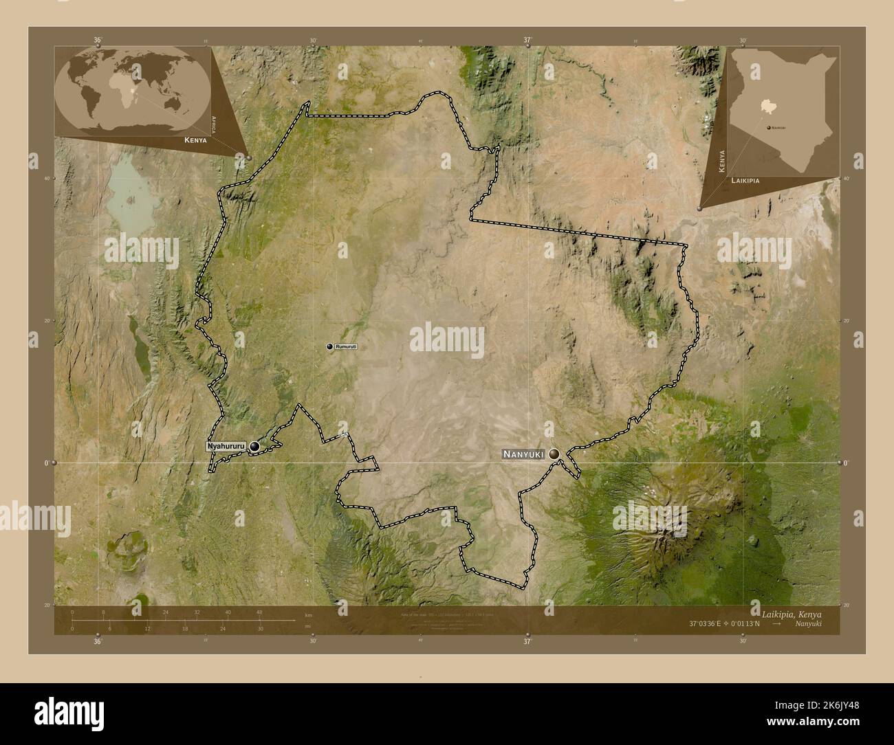Laikipia, county of Kenya. Low resolution satellite map. Locations and ...
