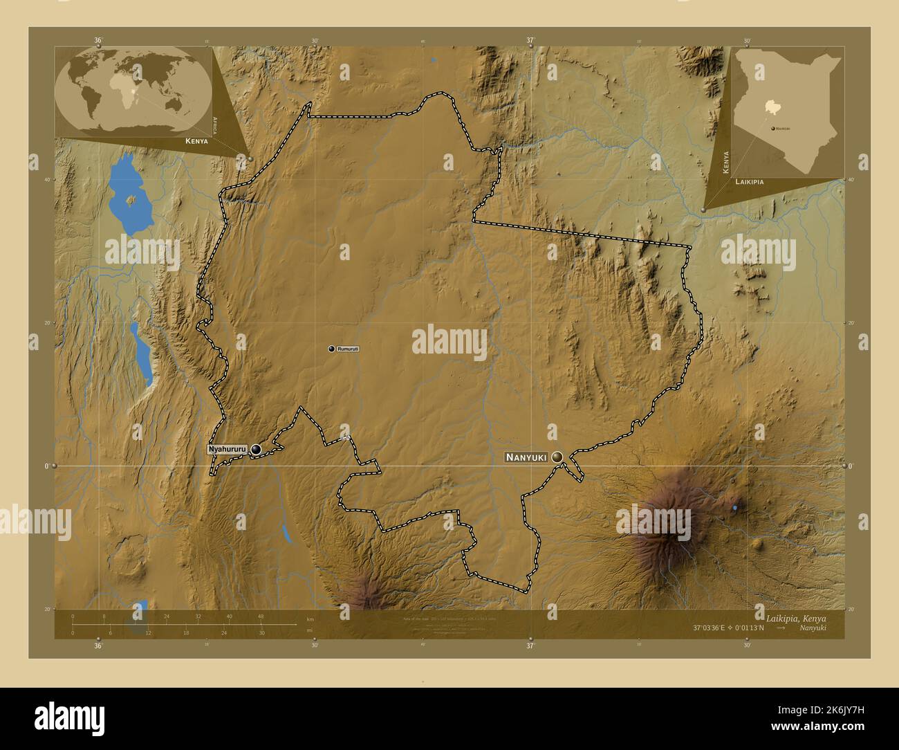 Laikipia, county of Kenya. Colored elevation map with lakes and rivers ...