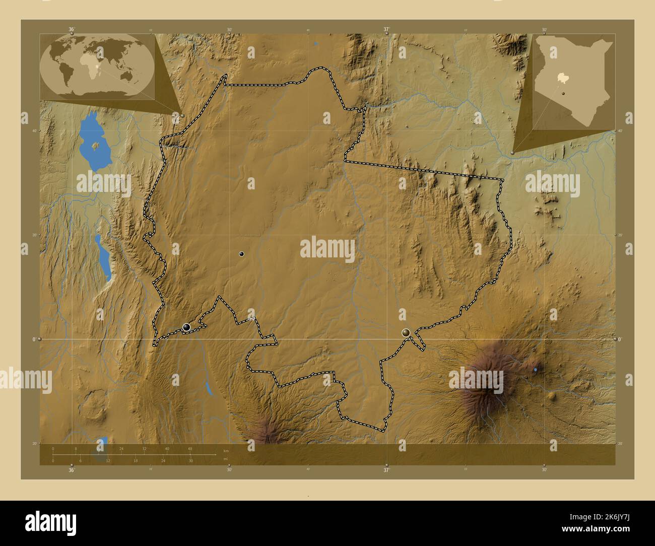 Laikipia, county of Kenya. Colored elevation map with lakes and rivers ...
