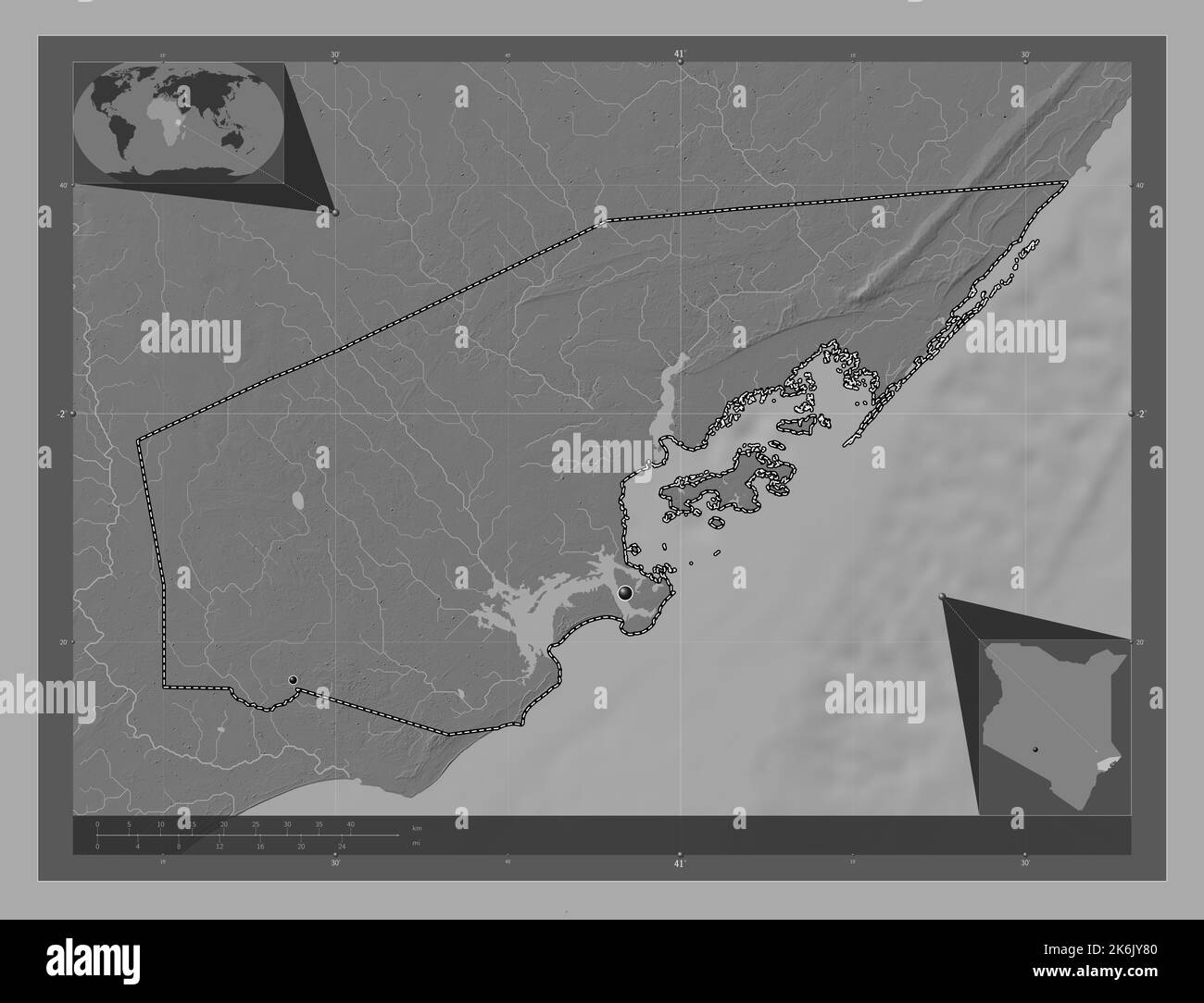 Lamu, county of Kenya. Bilevel elevation map with lakes and rivers ...