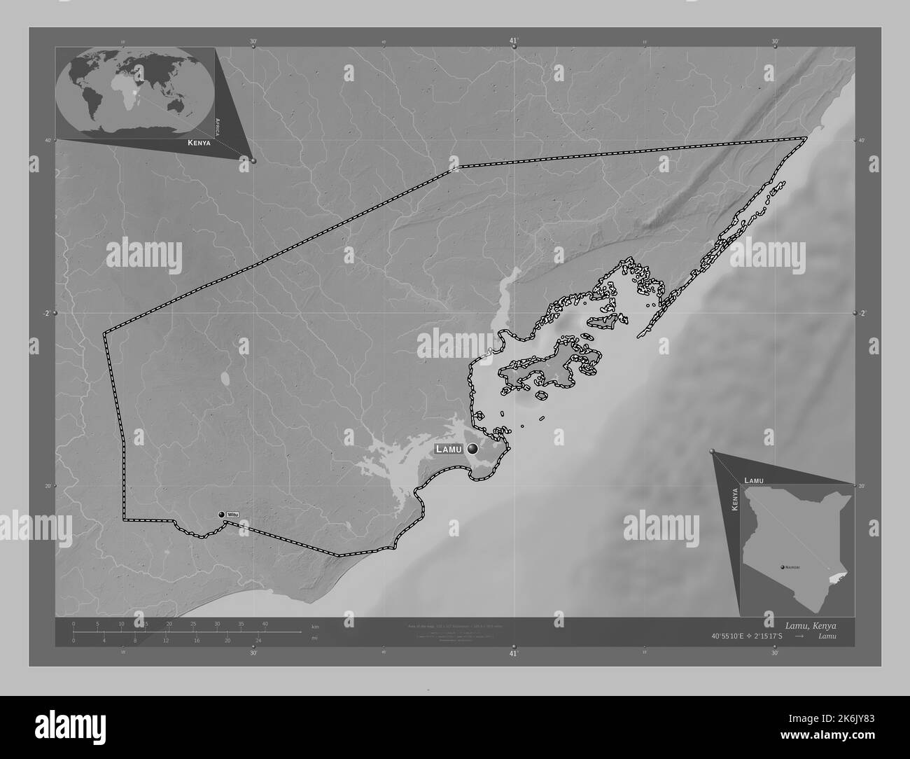 Lamu, county of Kenya. Grayscale elevation map with lakes and rivers ...