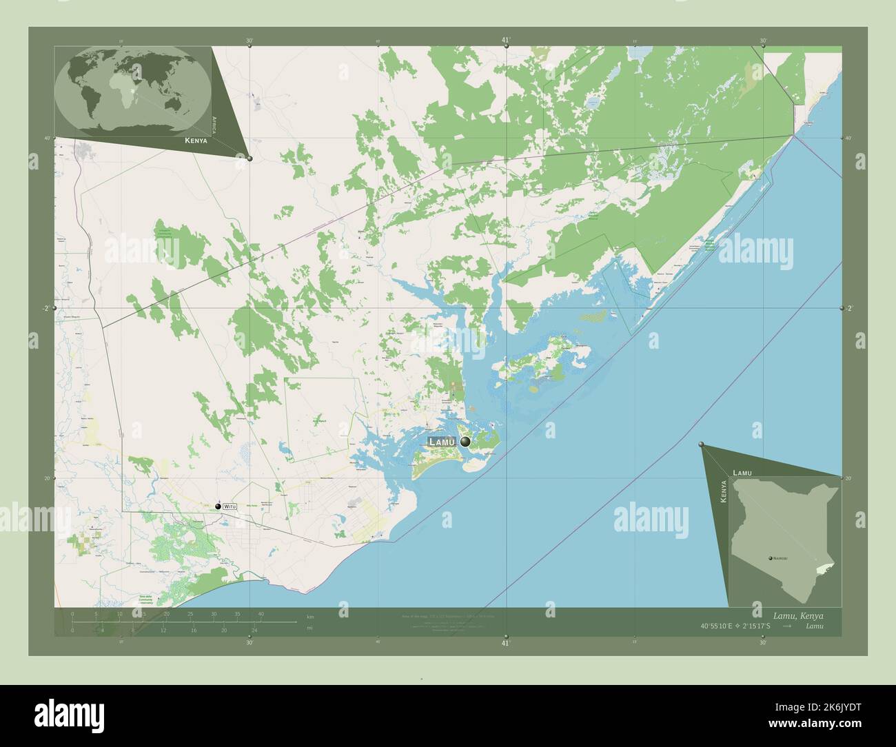 Lamu, county of Kenya. Open Street Map. Locations and names of major ...