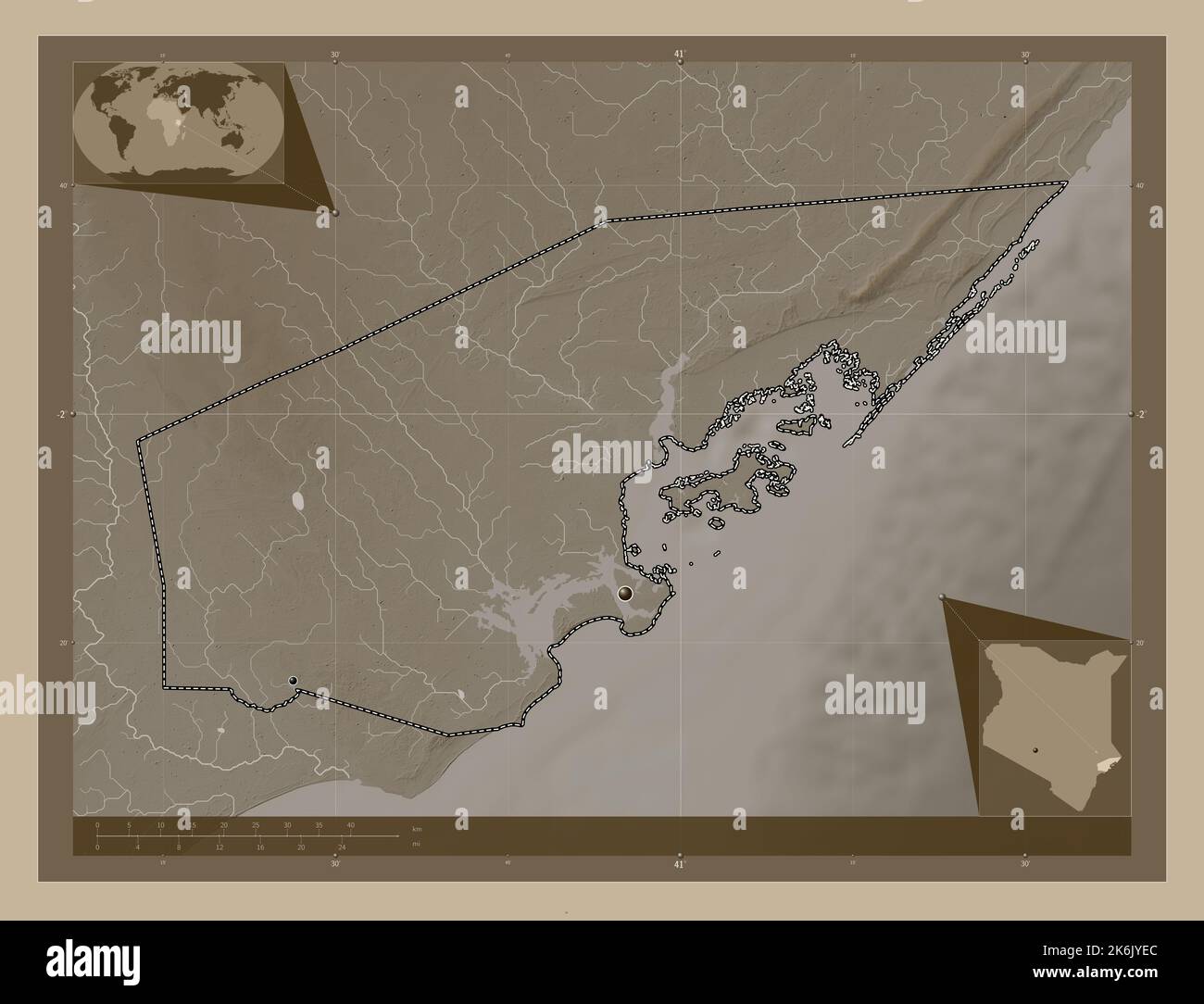 Lamu, county of Kenya. Elevation map colored in sepia tones with lakes ...