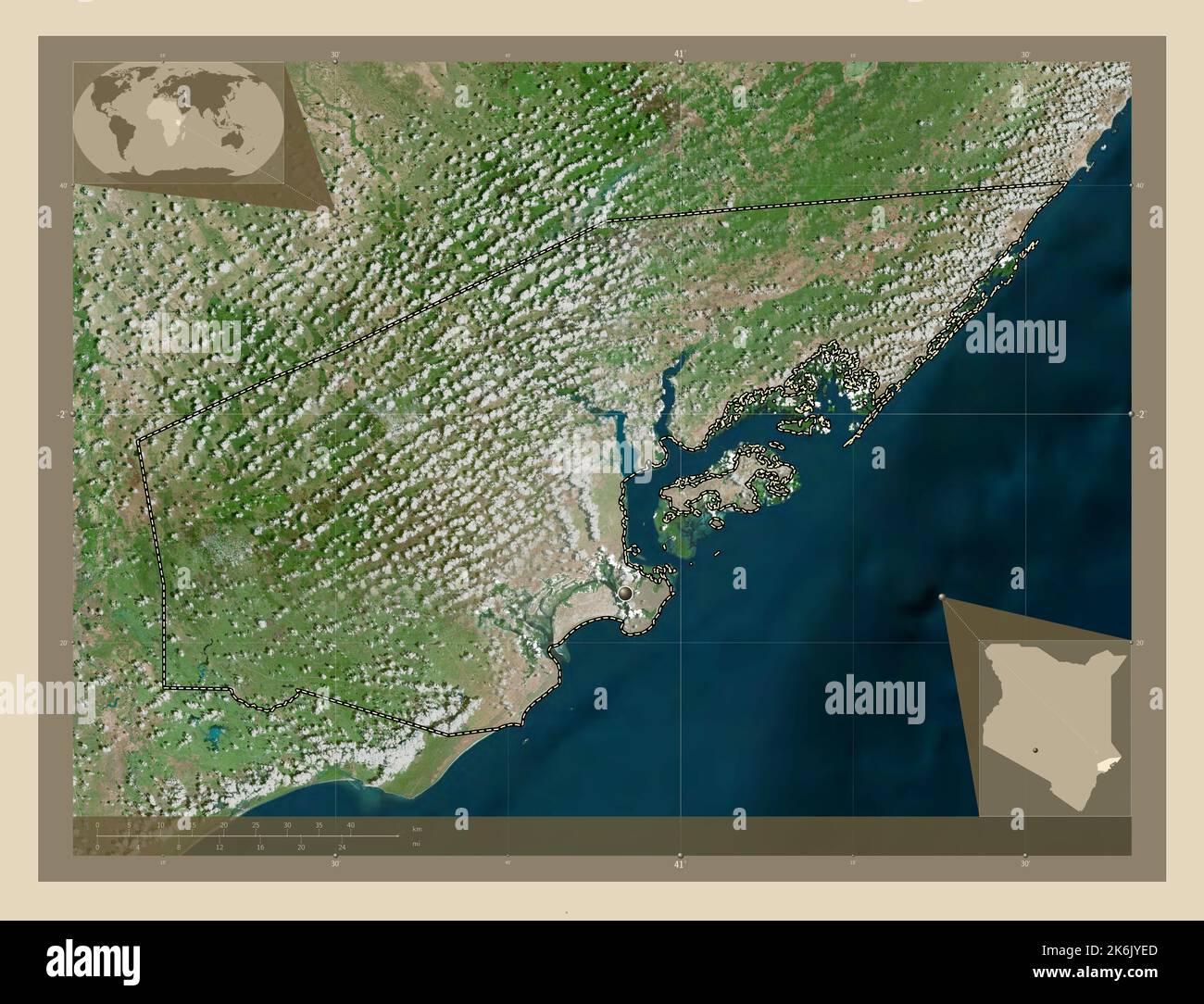 Lamu, county of Kenya. High resolution satellite map. Corner auxiliary ...