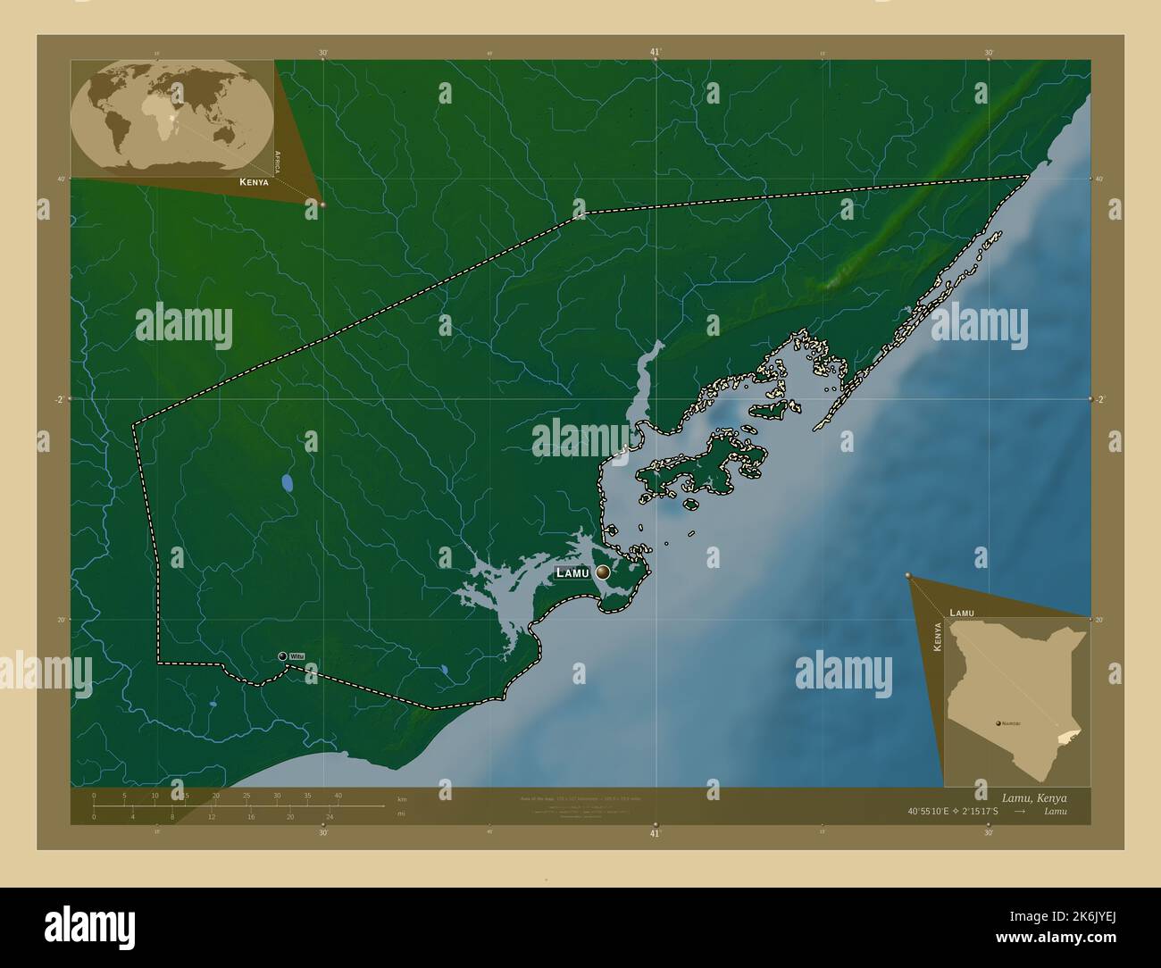 Lamu, county of Kenya. Colored elevation map with lakes and rivers ...