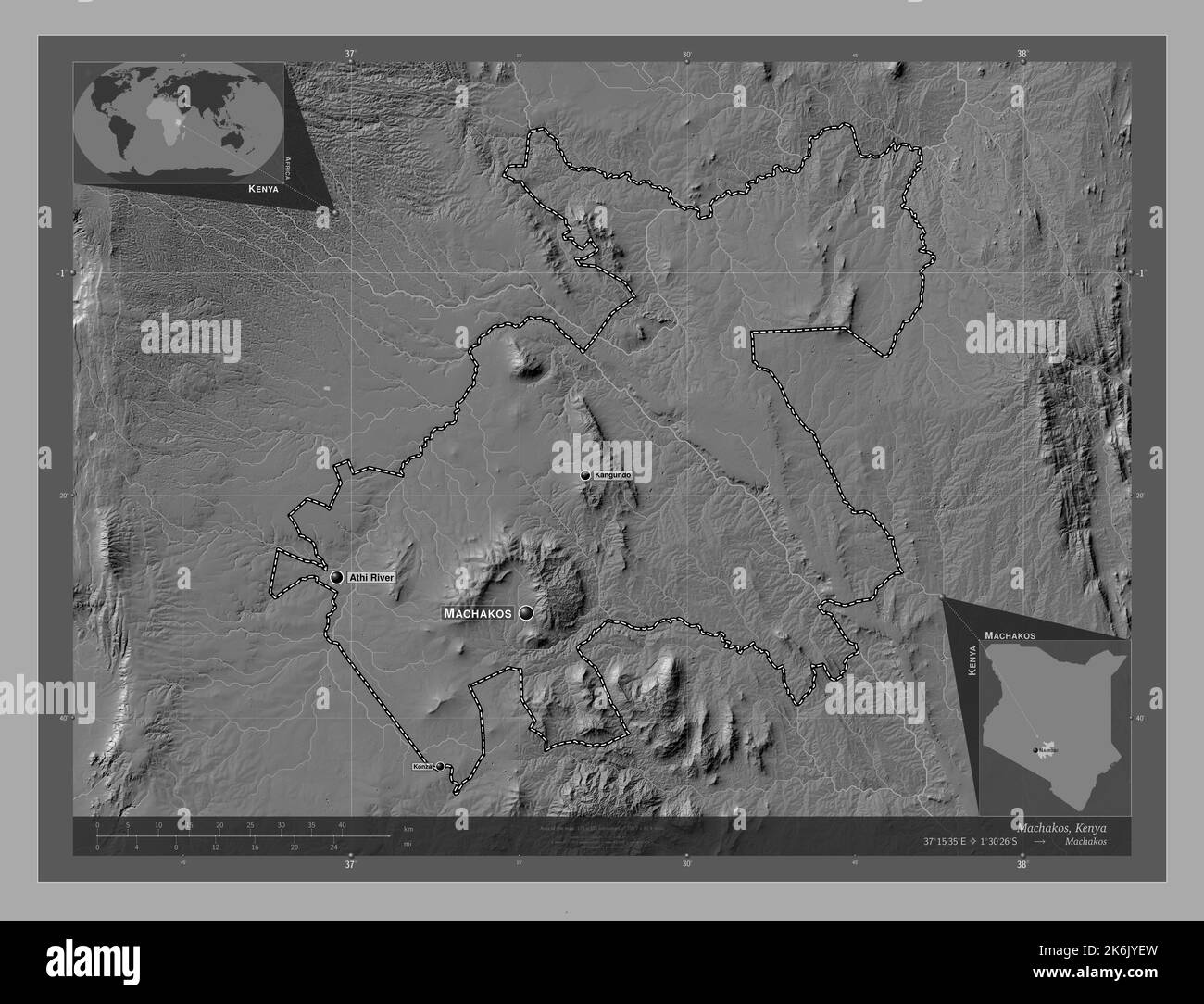 Machakos, county of Kenya. Bilevel elevation map with lakes and rivers ...