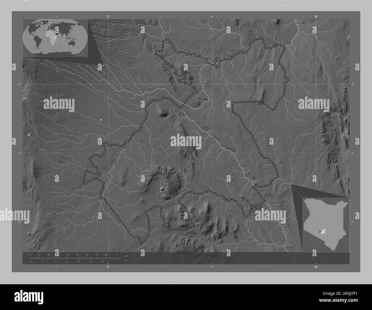 Machakos, county of Kenya. Grayscale elevation map with lakes and ...