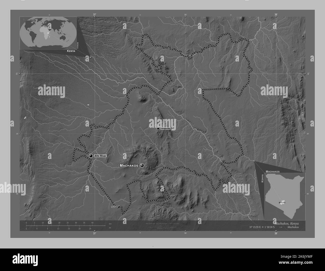 Machakos, county of Kenya. Grayscale elevation map with lakes and ...