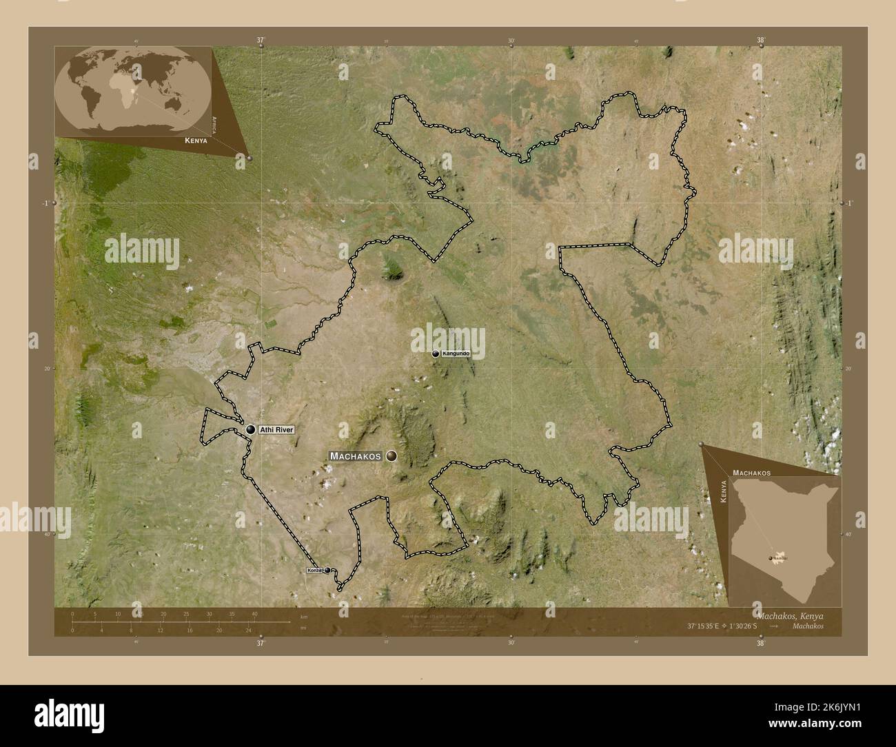 Machakos, county of Kenya. Low resolution satellite map. Locations and ...