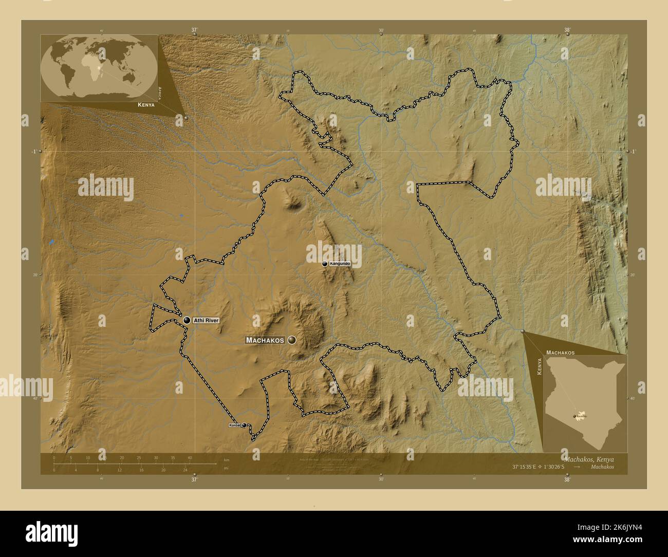 Machakos, county of Kenya. Colored elevation map with lakes and rivers ...