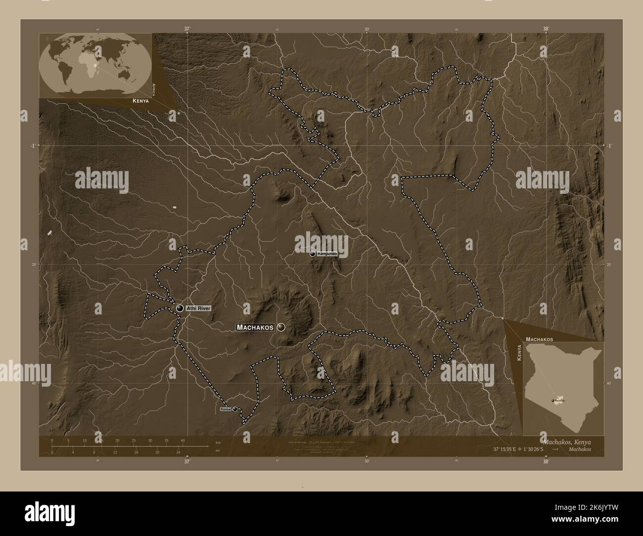 Machakos, county of Kenya. Elevation map colored in sepia tones with ...