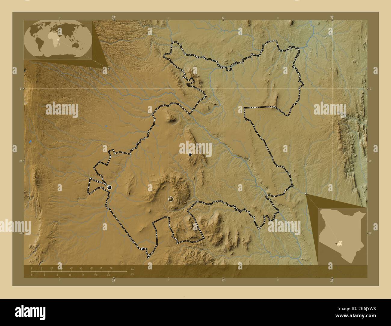 Machakos, county of Kenya. Colored elevation map with lakes and rivers ...