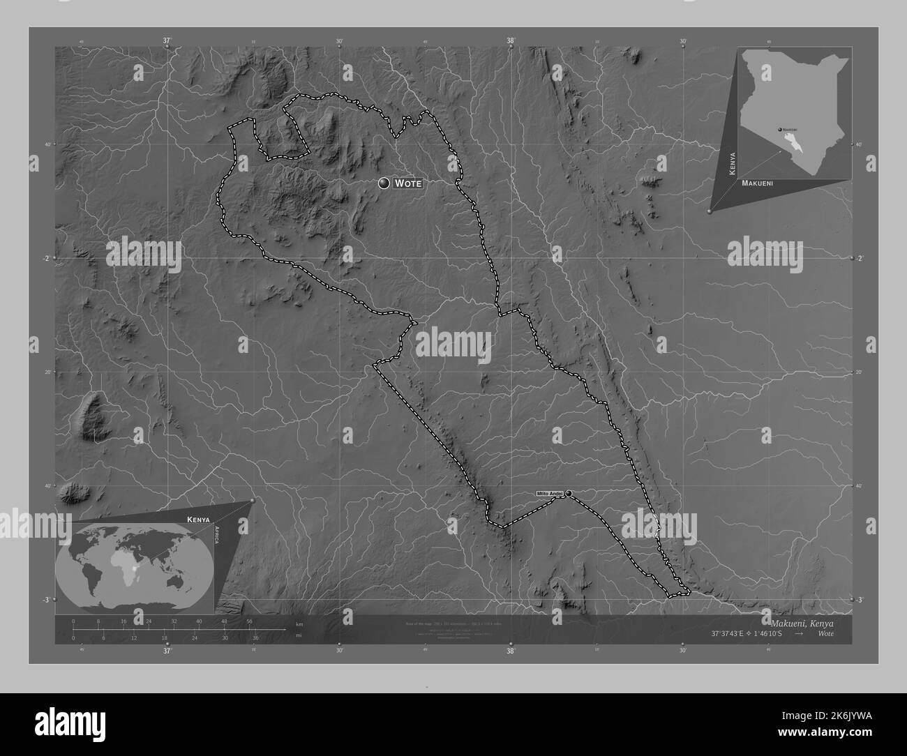 Makueni, county of Kenya. Grayscale elevation map with lakes and rivers ...