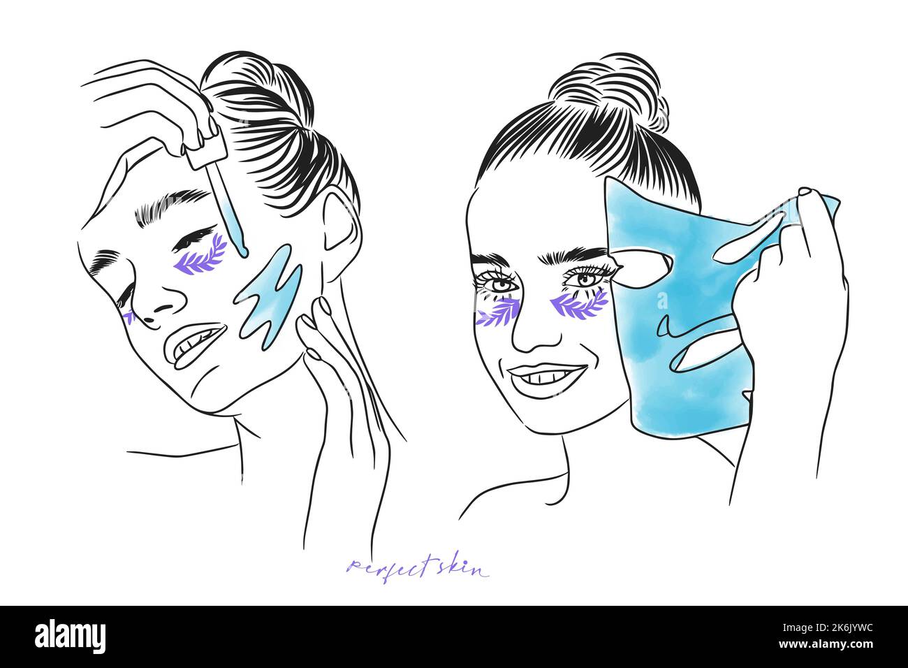 Facial skin care, portraits of happy girls, perfect skin, lettering ...