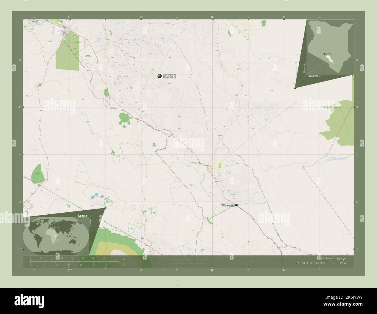 Makueni, county of Kenya. Open Street Map. Locations and names of major ...