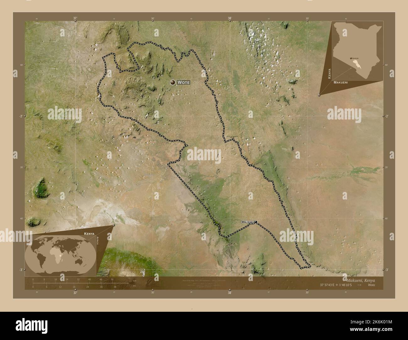 Makueni, county of Kenya. Low resolution satellite map. Locations and ...