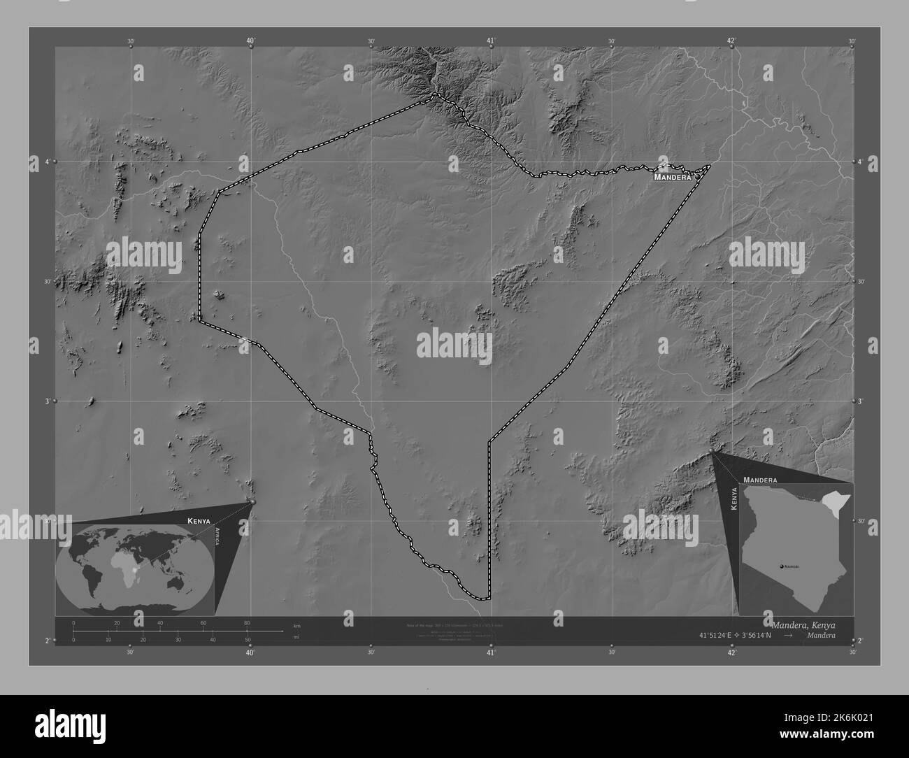 Mandera, county of Kenya. Bilevel elevation map with lakes and rivers. Locations and names of ...