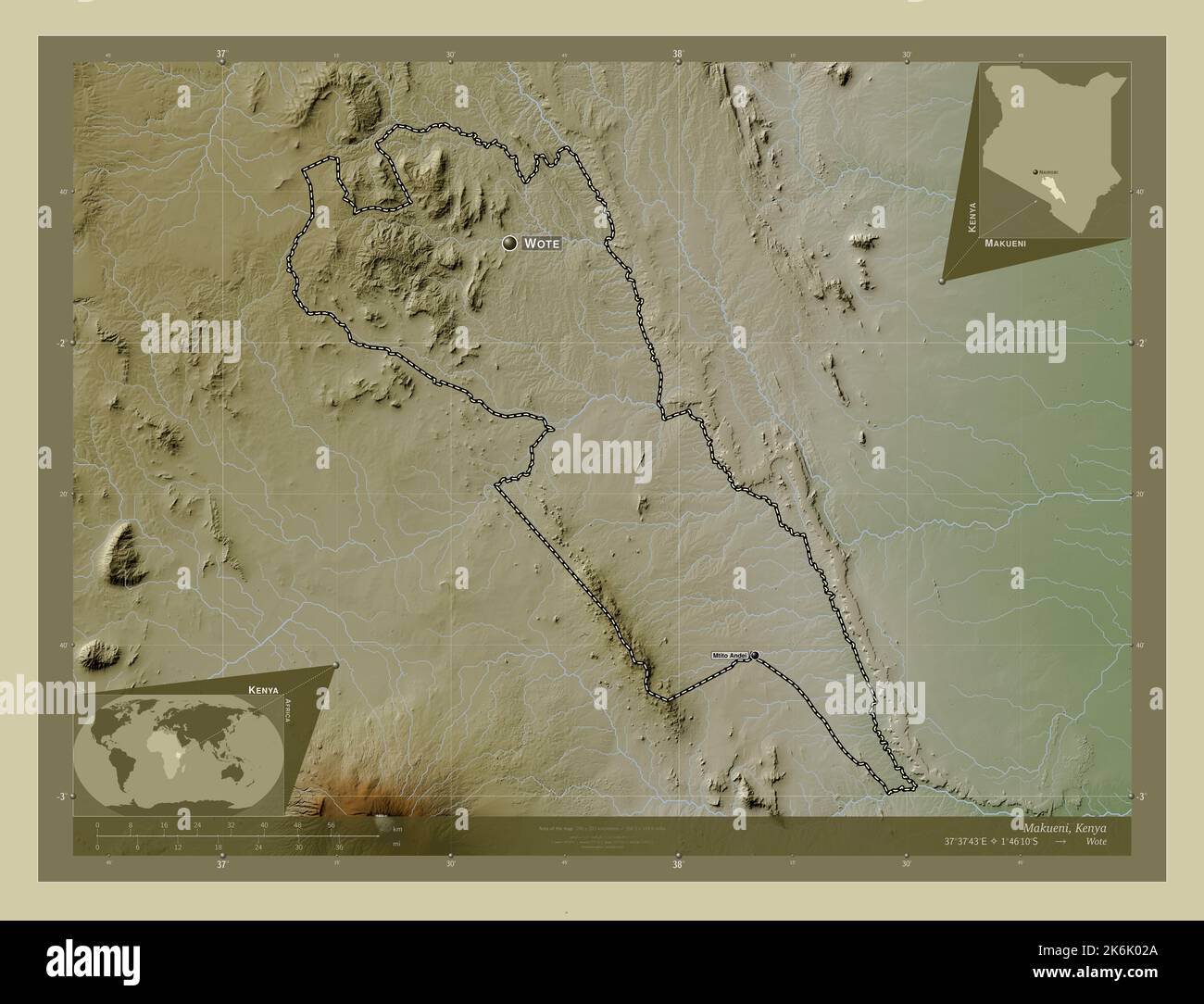 Makueni, county of Kenya. Elevation map colored in wiki style with ...