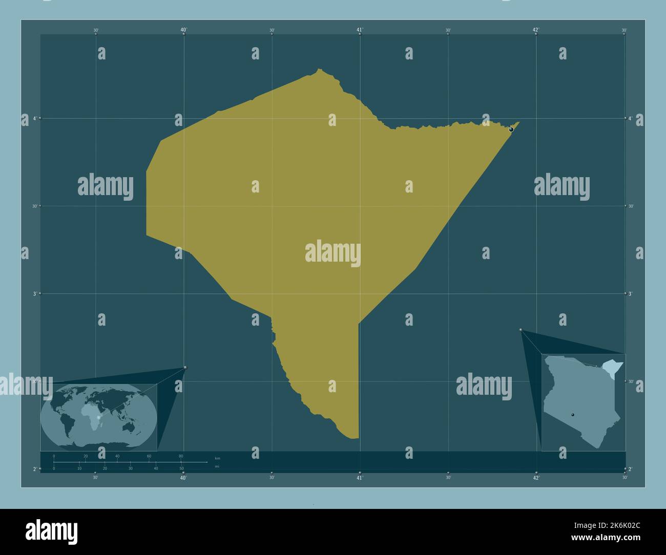 Mandera, county of Kenya. Solid color shape. Locations of major cities ...
