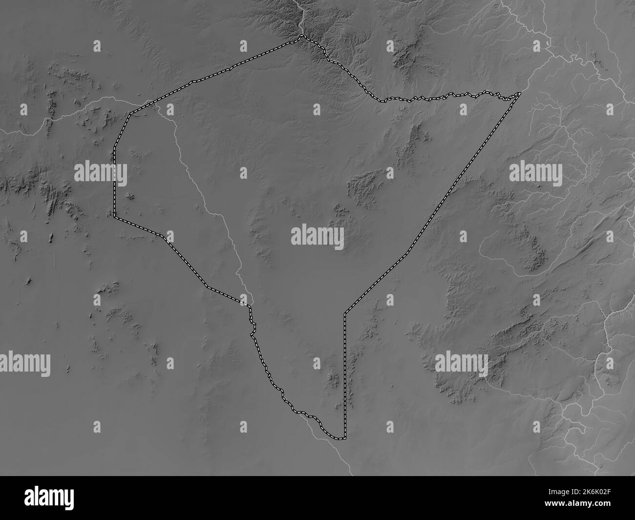 Mandera, county of Kenya. Grayscale elevation map with lakes and rivers ...