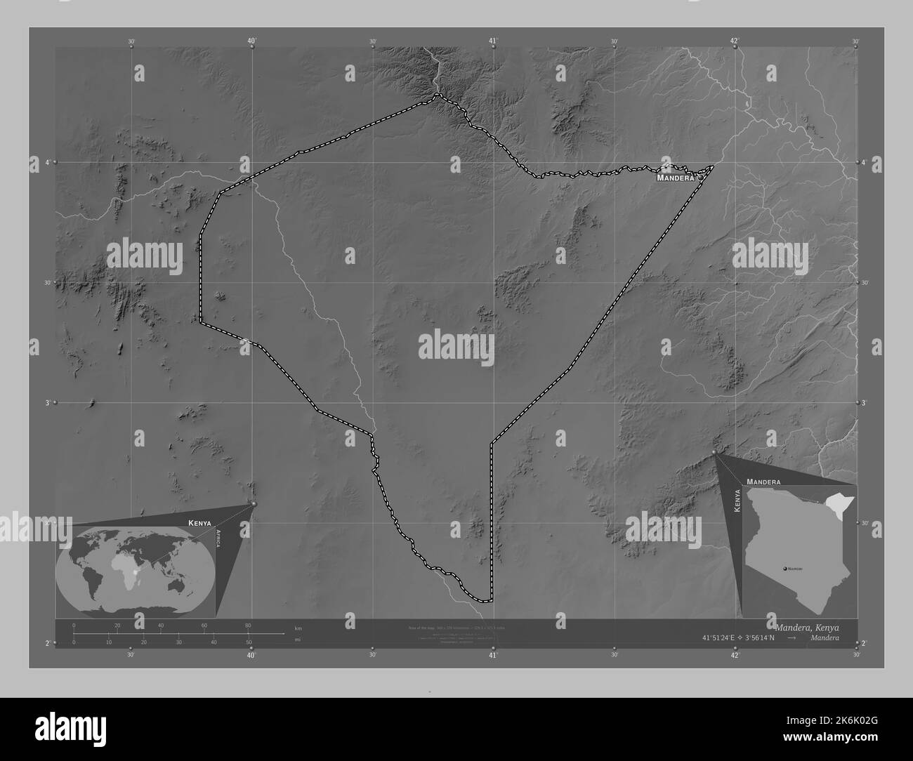 Mandera, county of Kenya. Grayscale elevation map with lakes and rivers. Locations and names of ...