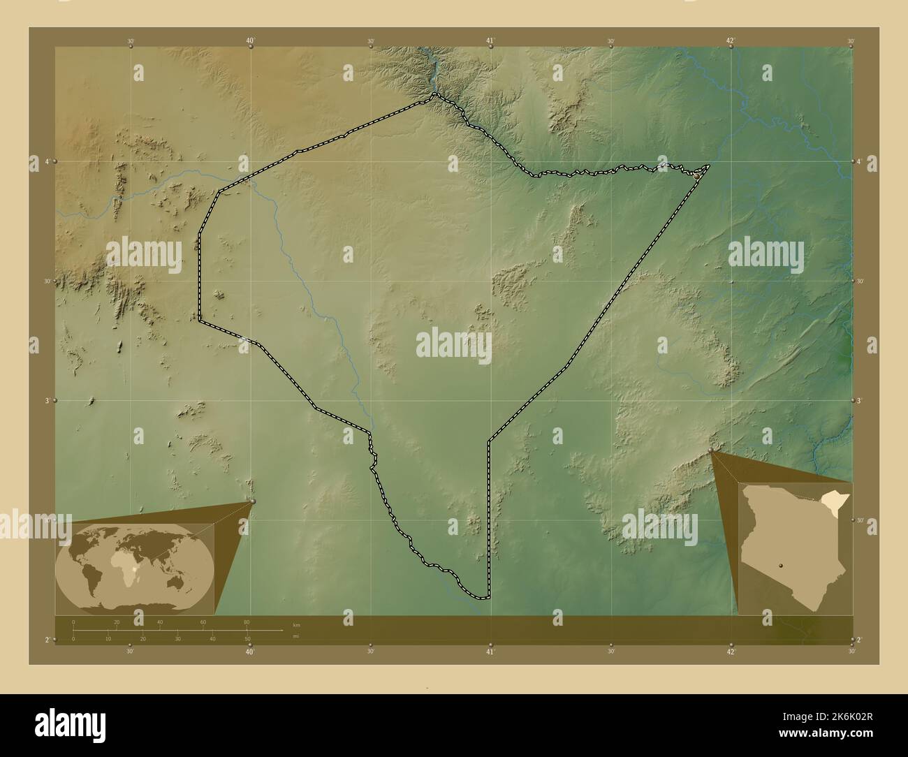 Mandera, county of Kenya. Colored elevation map with lakes and rivers ...