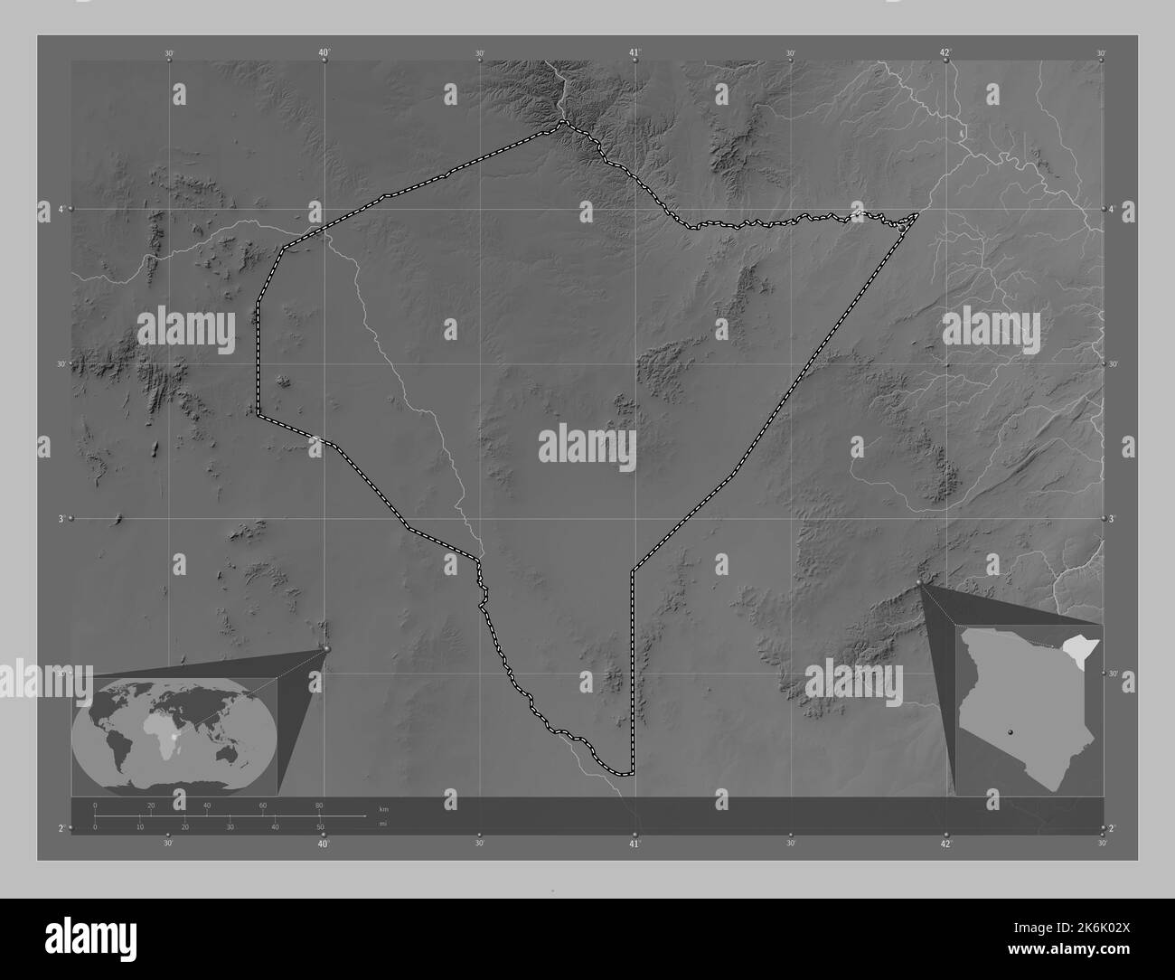 Mandera, county of Kenya. Grayscale elevation map with lakes and rivers ...