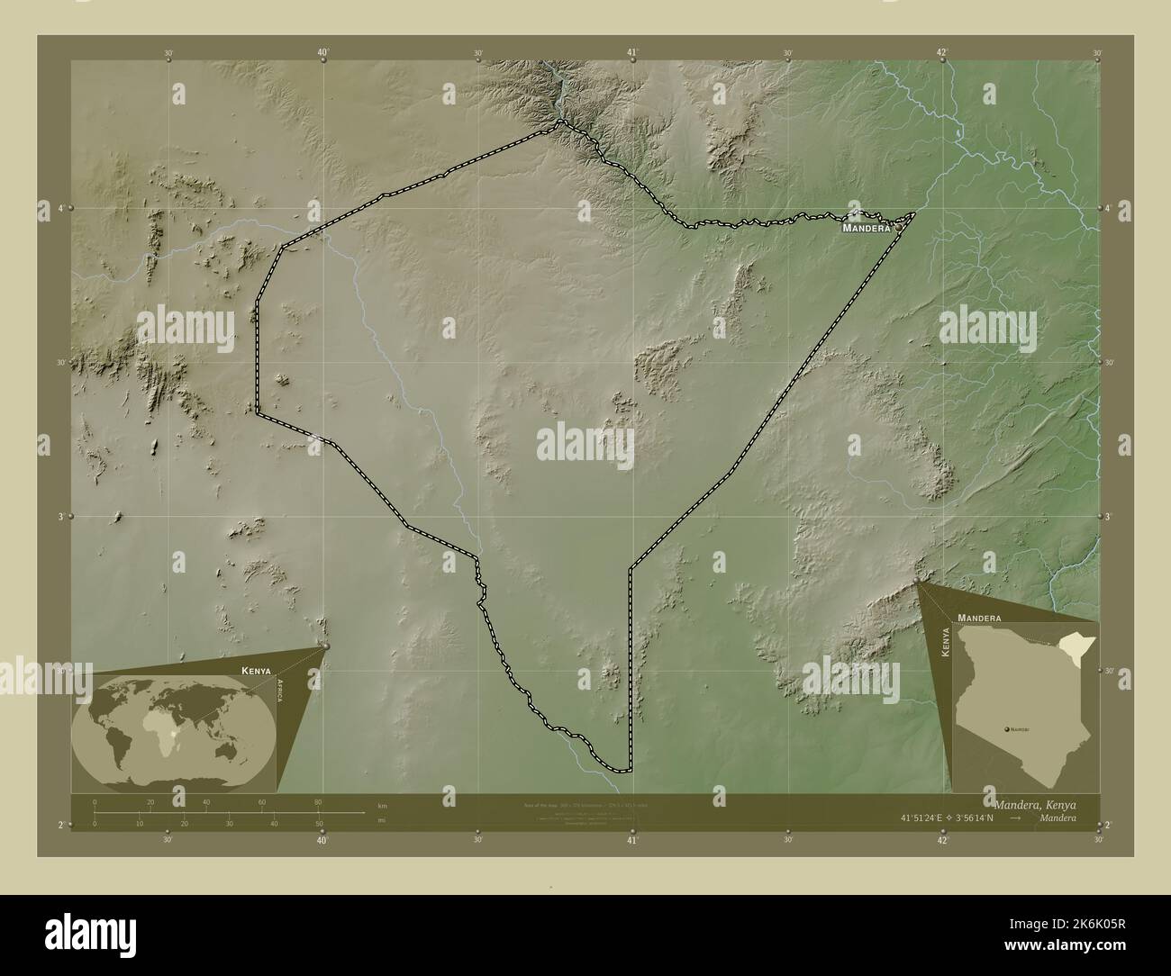 Mandera, county of Kenya. Elevation map colored in wiki style with ...