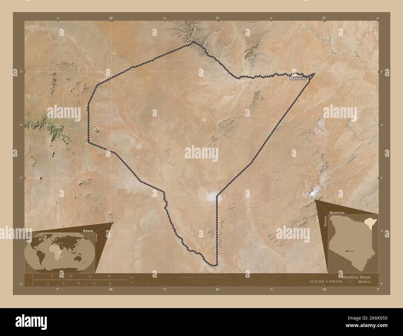 Mandera, county of Kenya. Low resolution satellite map. Locations and ...