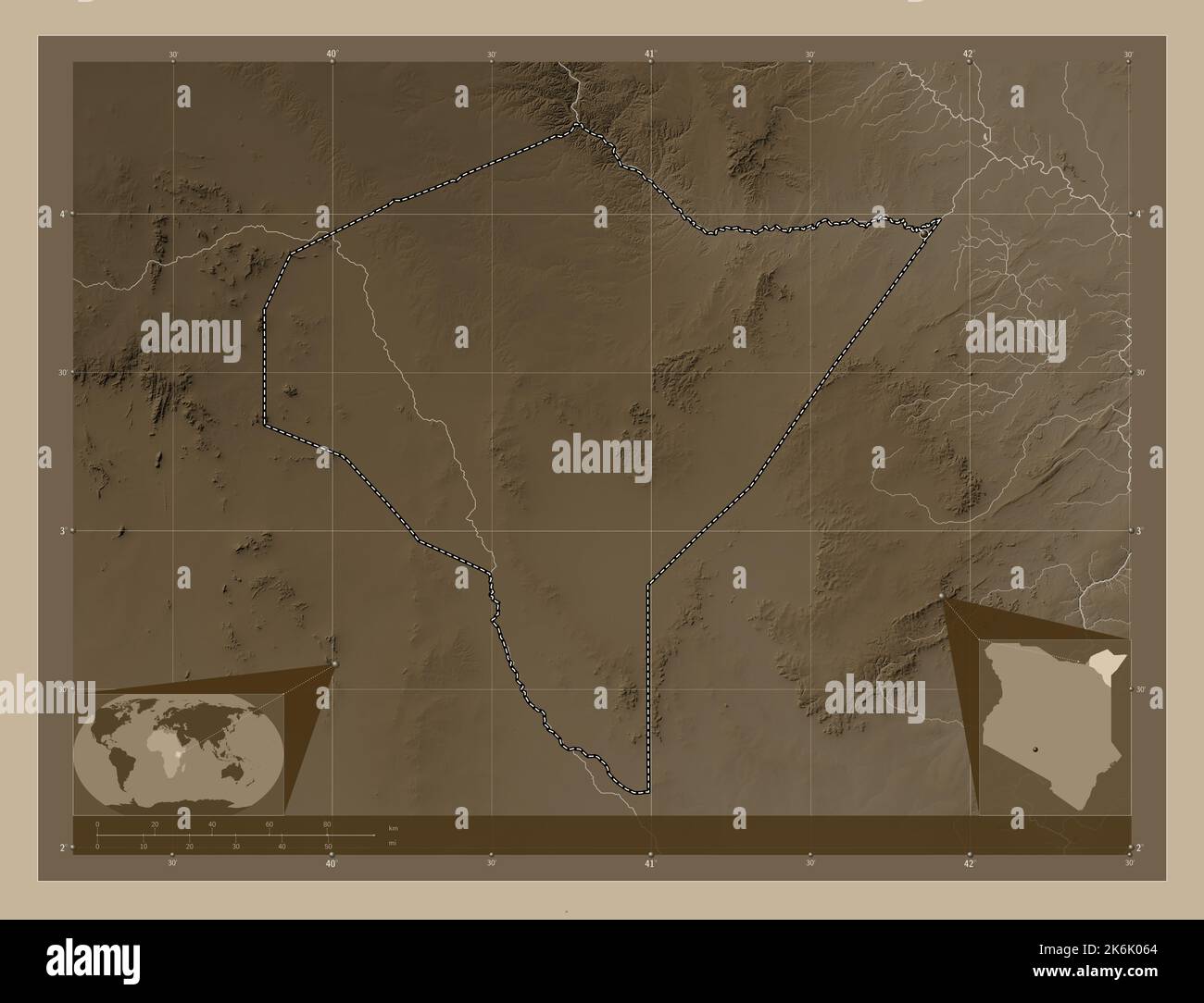Mandera, county of Kenya. Elevation map colored in sepia tones with ...