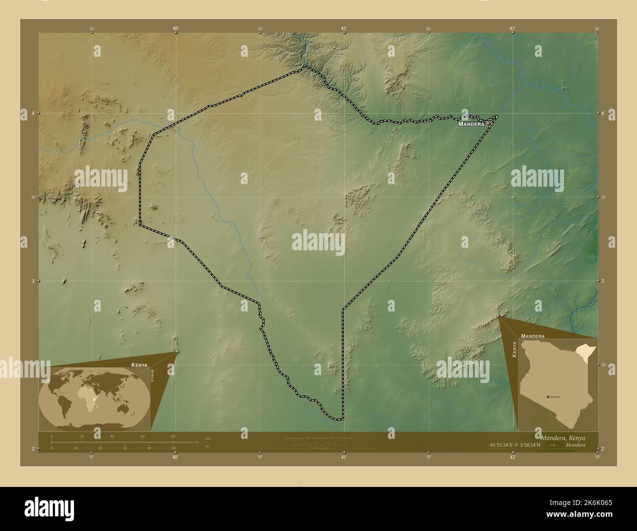 Mandera, county of Kenya. Colored elevation map with lakes and rivers. Locations and names of ...