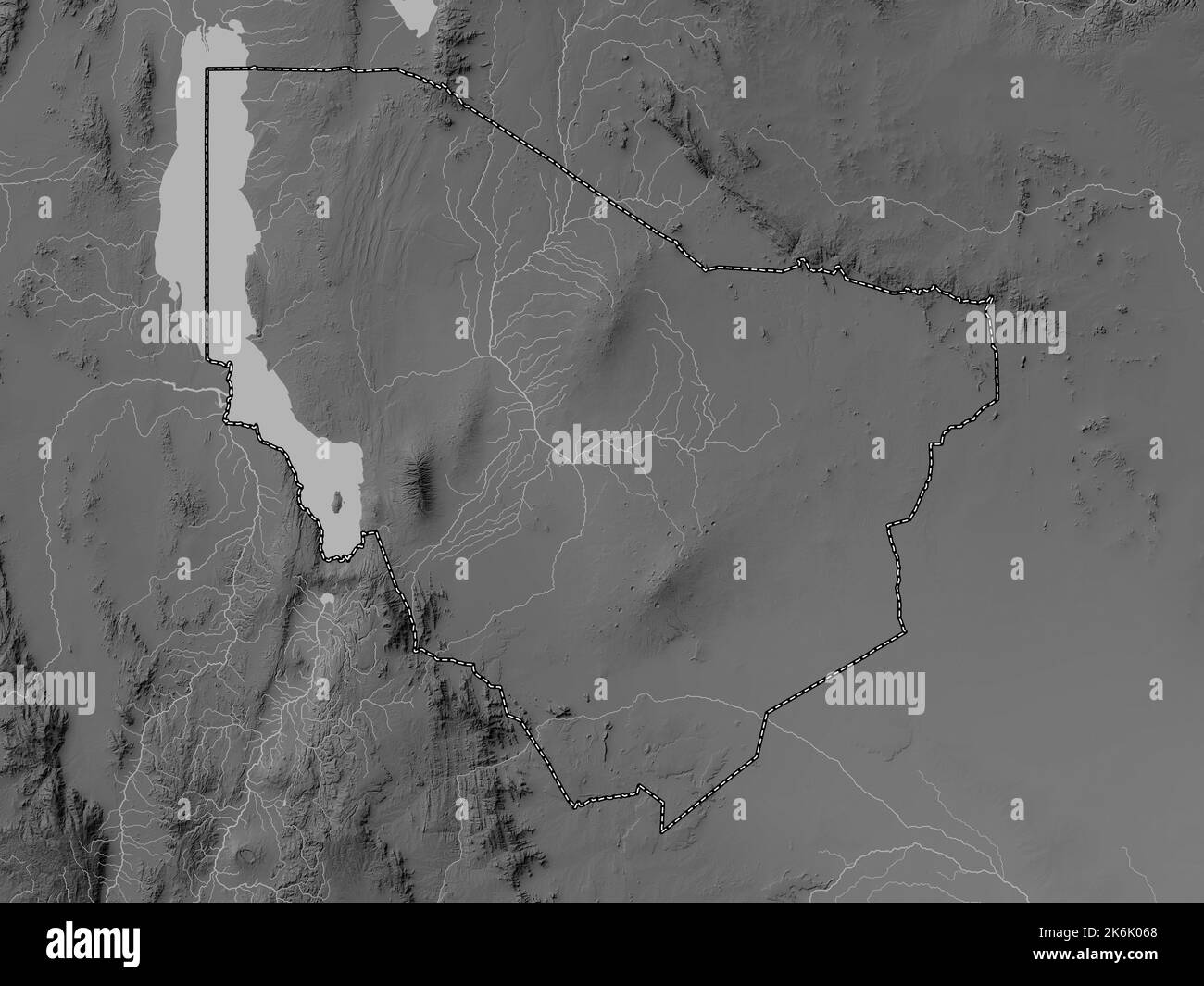 Marsabit, county of Kenya. Grayscale elevation map with lakes and ...