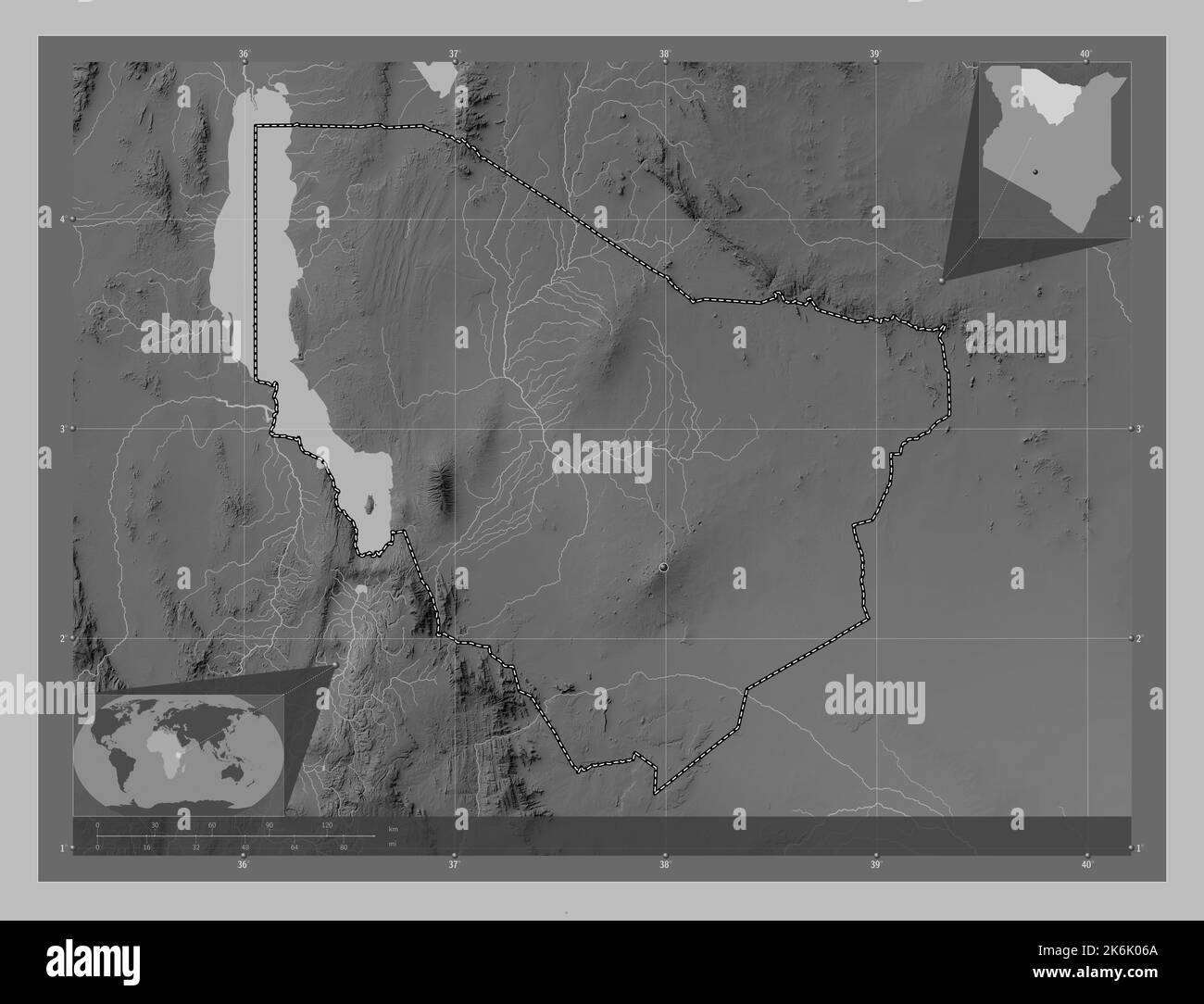Marsabit, county of Kenya. Grayscale elevation map with lakes and ...