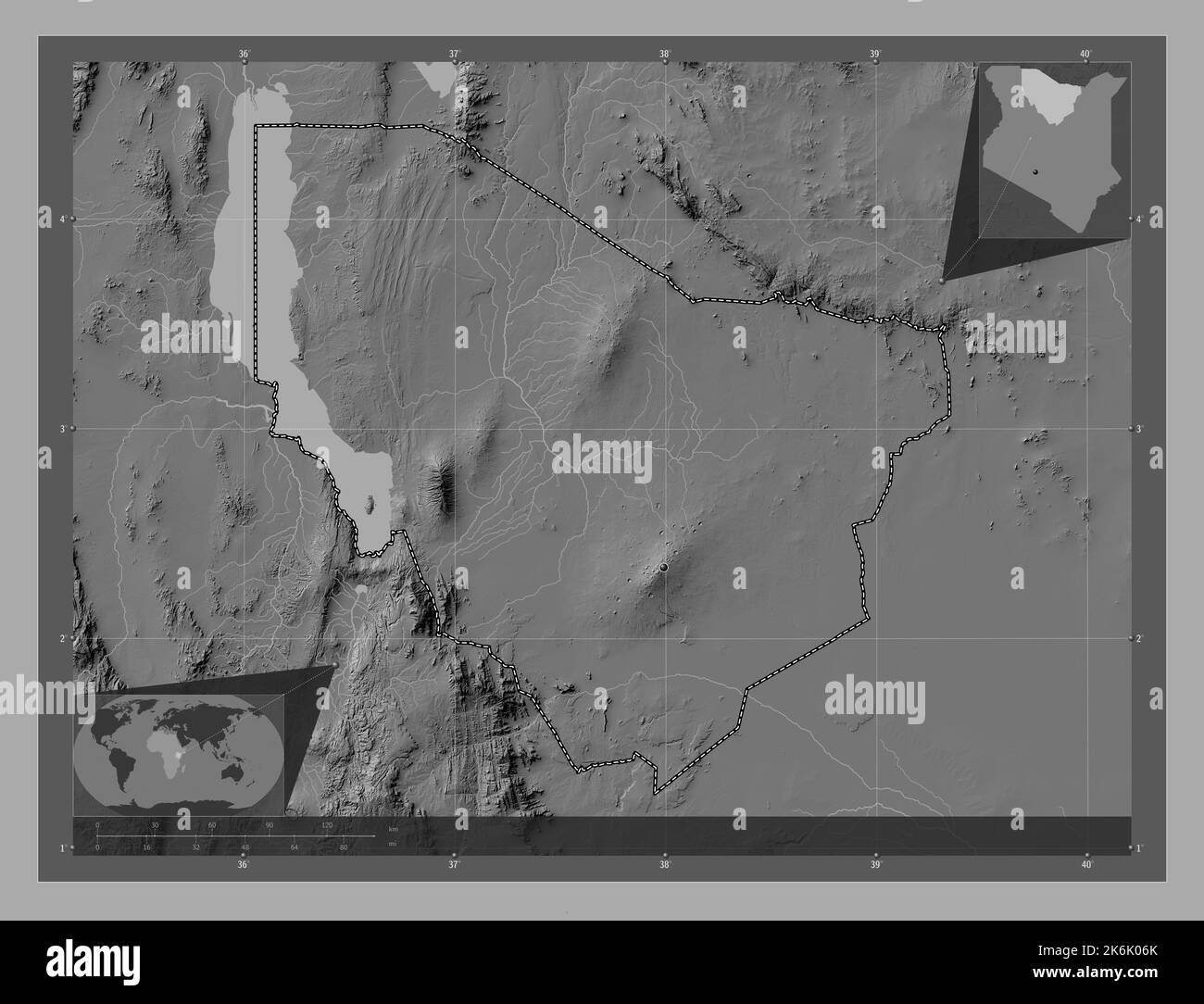 Marsabit, county of Kenya. Bilevel elevation map with lakes and rivers ...