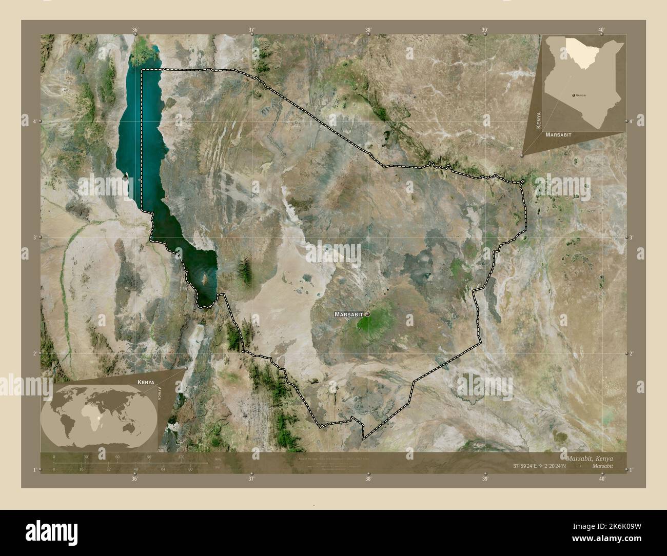 Marsabit, county of Kenya. High resolution satellite map. Locations and ...