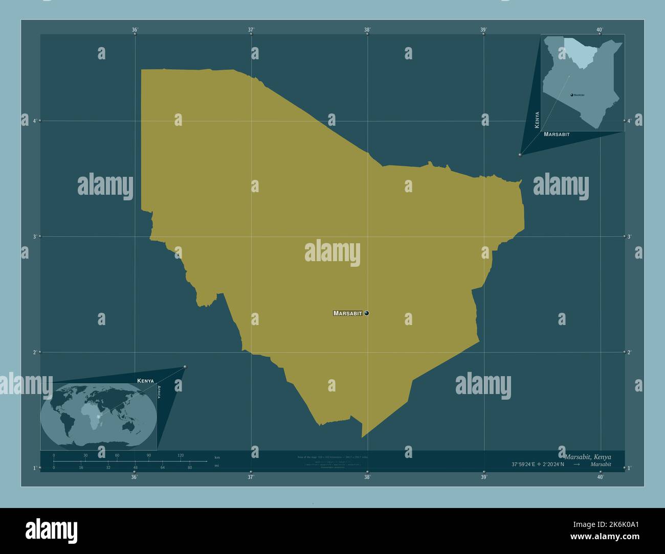 Marsabit, county of Kenya. Solid color shape. Locations and names of ...