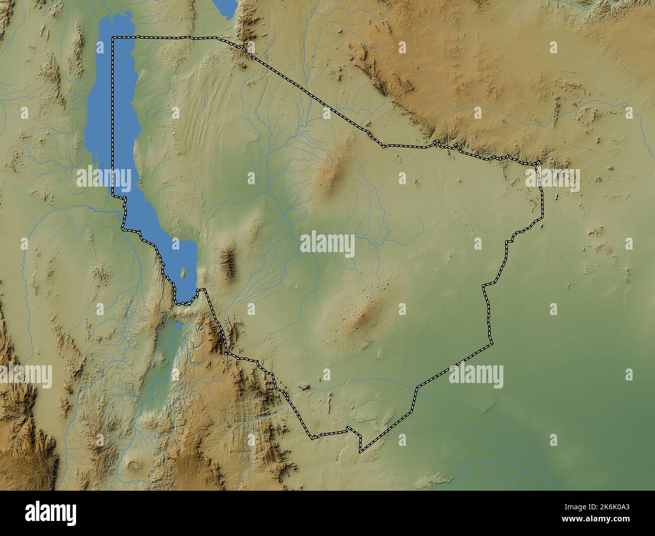 Marsabit, county of Kenya. Colored elevation map with lakes and rivers ...