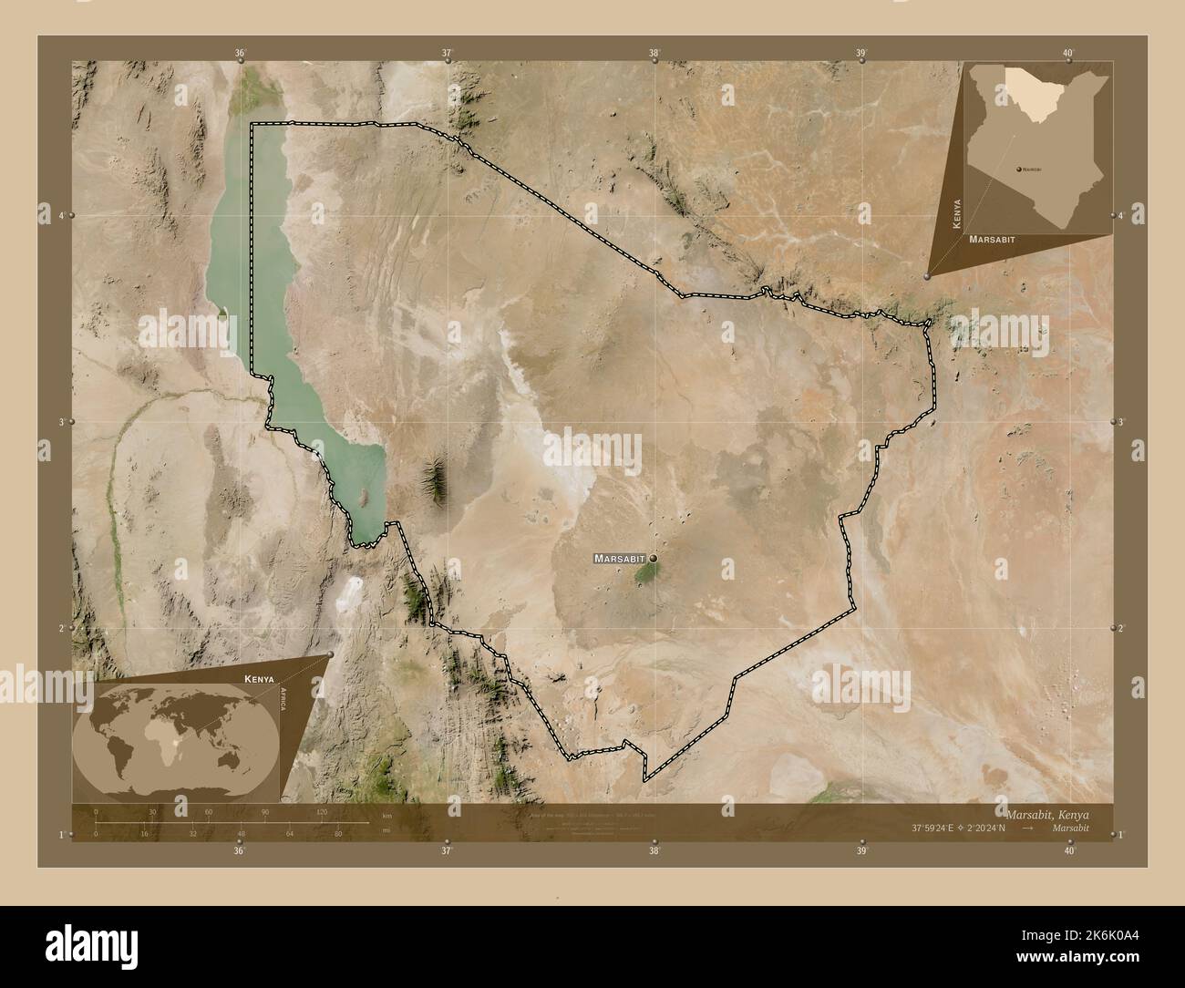 Marsabit, county of Kenya. Low resolution satellite map. Locations and ...