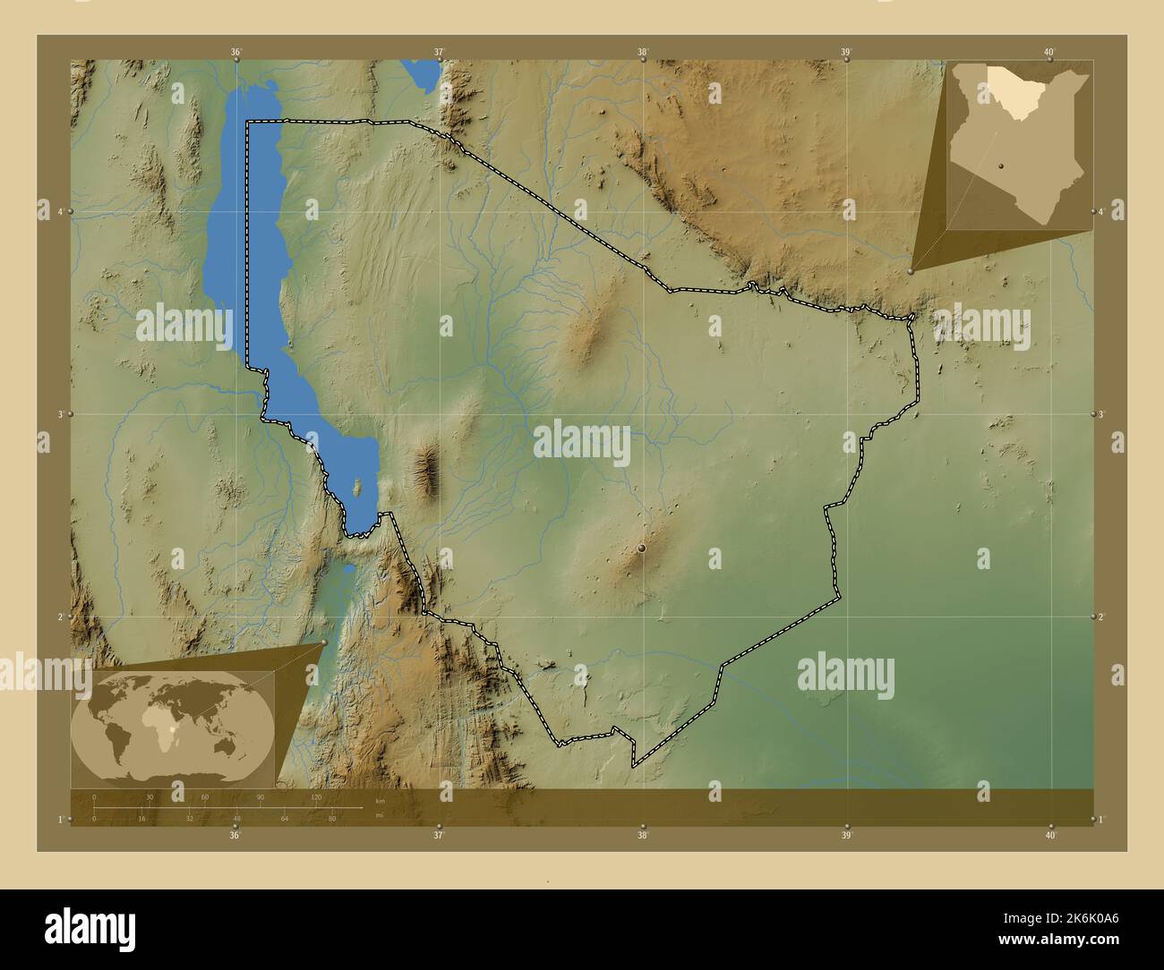 Marsabit, county of Kenya. Colored elevation map with lakes and rivers ...