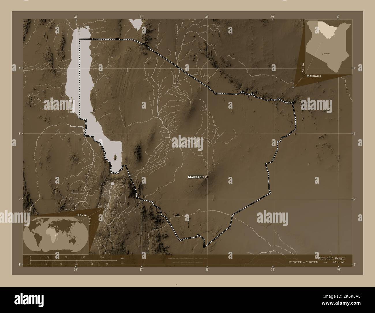 Marsabit, county of Kenya. Elevation map colored in sepia tones with ...