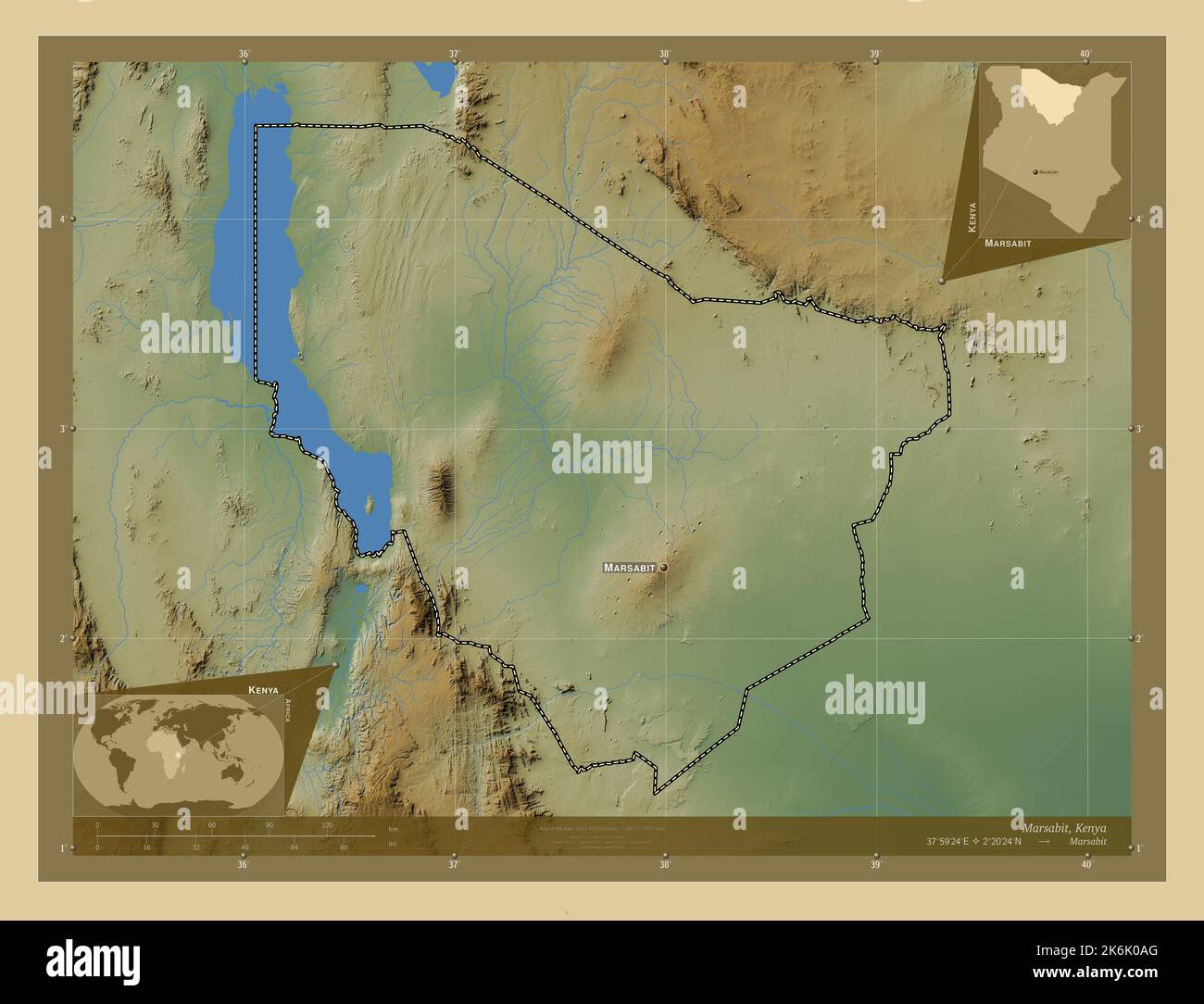 Marsabit, county of Kenya. Colored elevation map with lakes and rivers ...