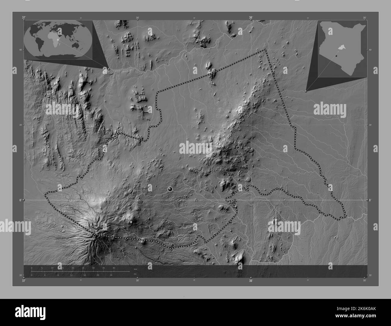 Meru, county of Kenya. Bilevel elevation map with lakes and rivers ...