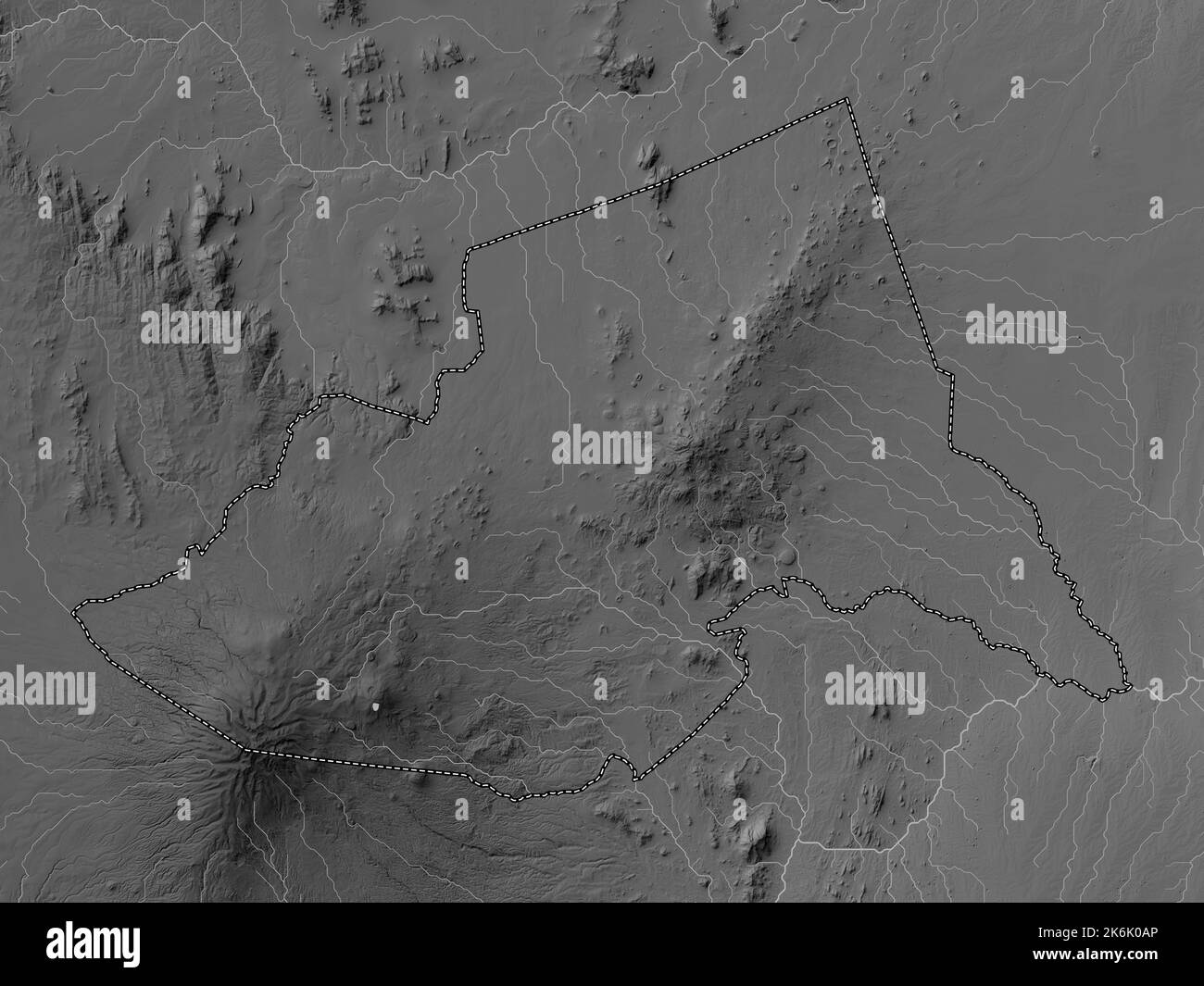 Meru, county of Kenya. Grayscale elevation map with lakes and rivers ...